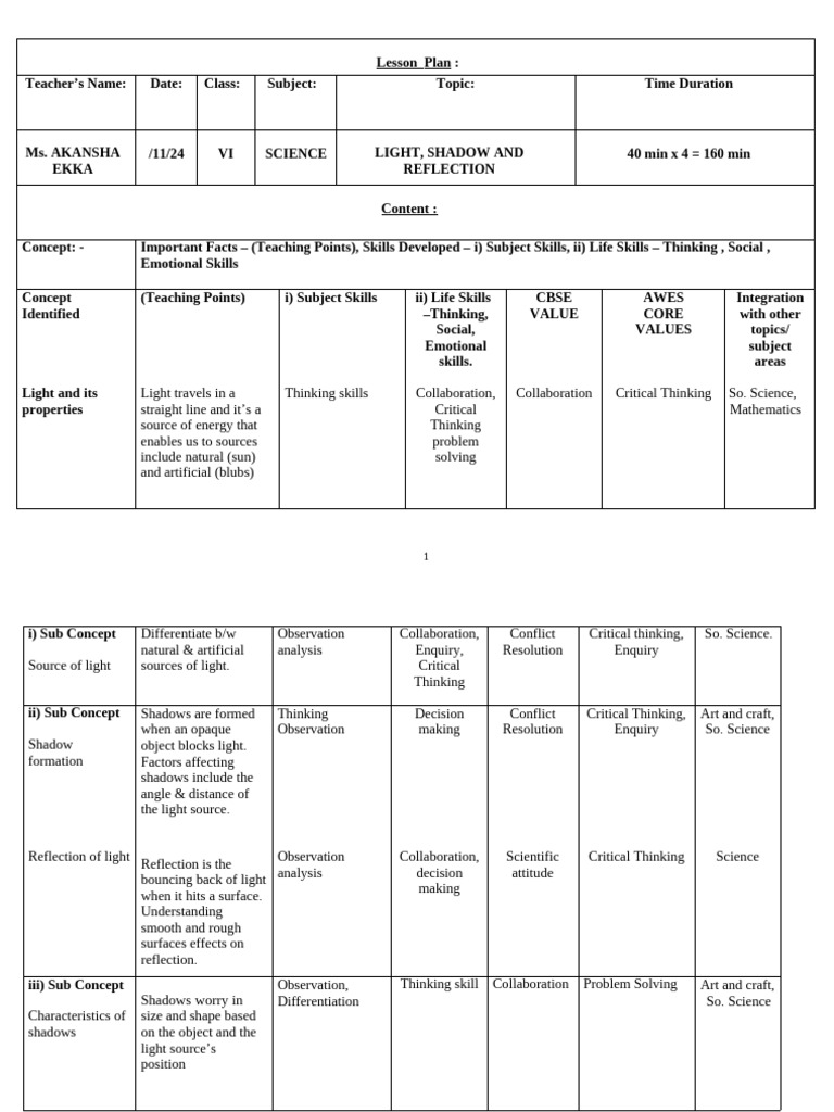 TAL Lesson Plan Class VI | PDF | Reflection (Physics) | Learning