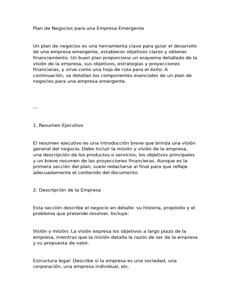 Plan de Negocios para Una Empresa Emergente | PDF | Plan de negocios ...