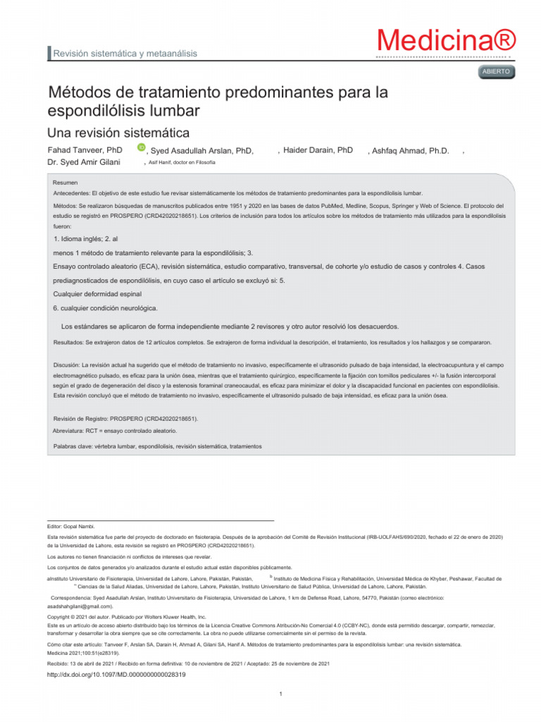 Prevailing Treatment Methods For Lumbar Spondylolysis - 2021 Esp | PDF ...