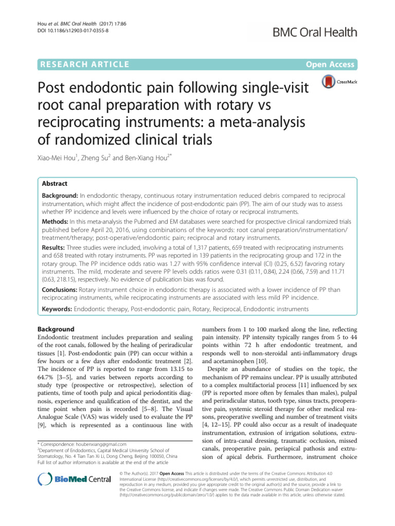 Post Endodontic Pain Following Single-Visit Root Canal Preparation With ...