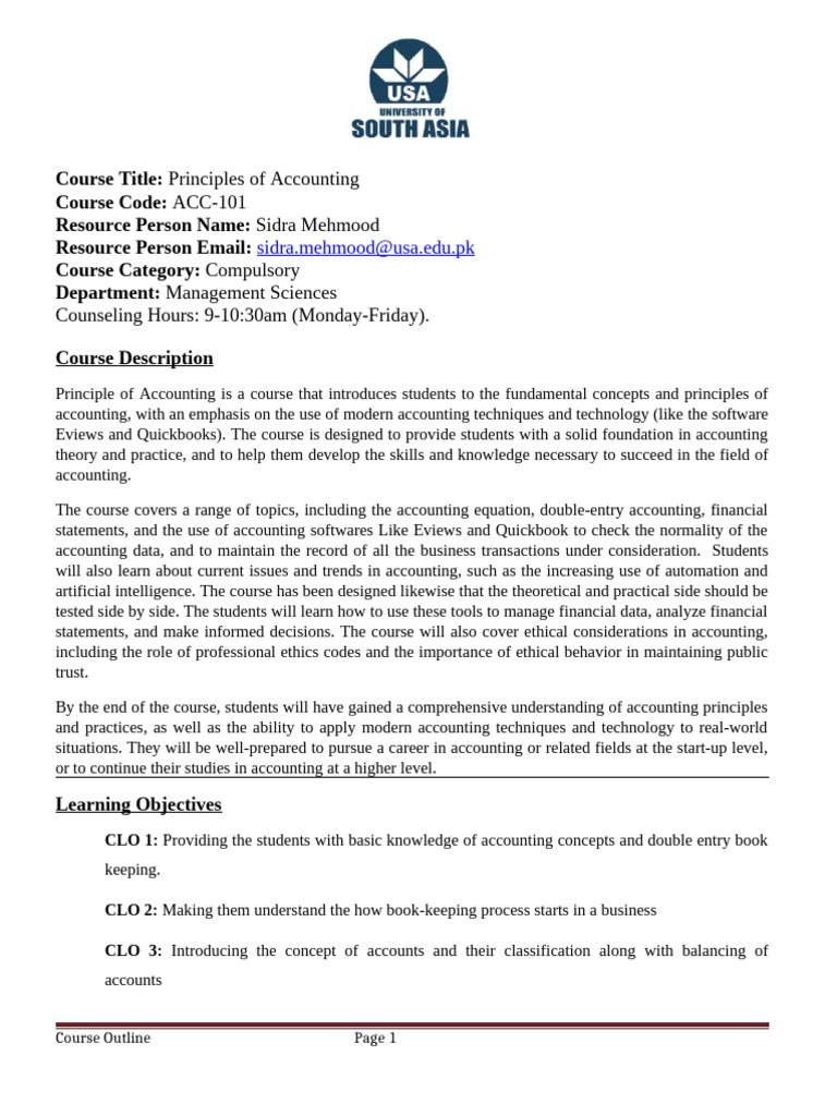 ACC-101-Principles of Accounting Course Outline Final | PDF | Financial ...