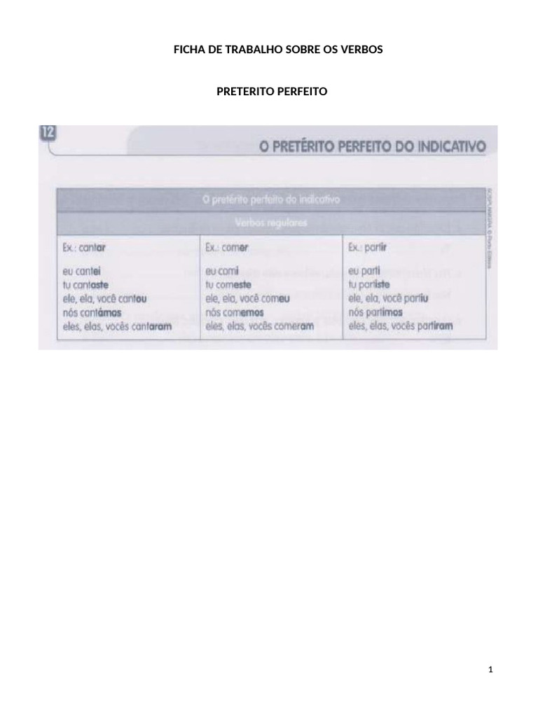 Ficha Verbos Plnm-Preterito Perfeito | PDF