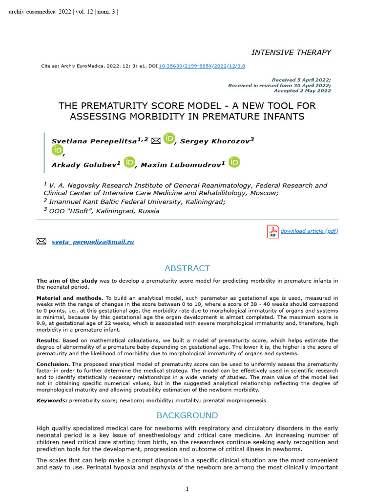 8 The Prematurity Score Model A New Tool For | PDF | Lung | Preterm Birth