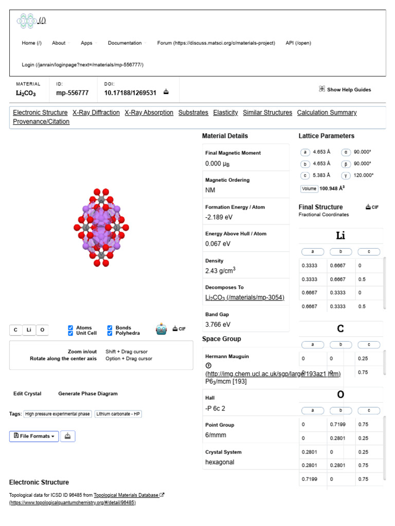 mp-556777 - Li2CO3 (Hexagonal, P6 - 3 - MCM, 193) | PDF | Crystal Structure | Young's Modulus