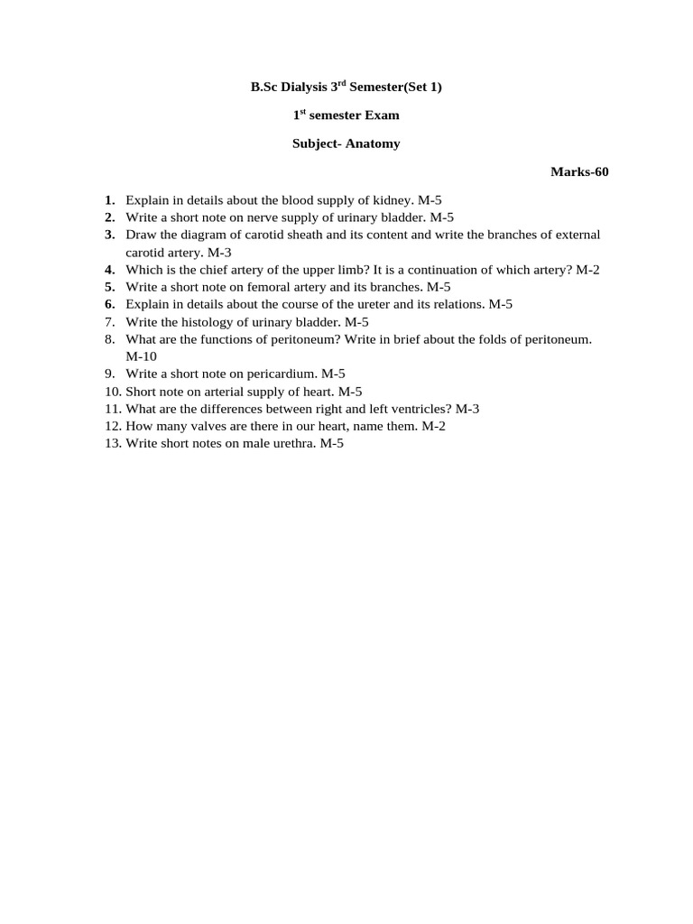 Dialysis 3rd Semester Final Exam Set 2 | PDF