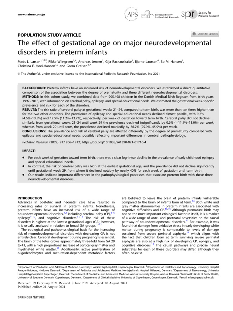 The Effect of Gestational Age On Major Neurodevelopmental Disorders in ...