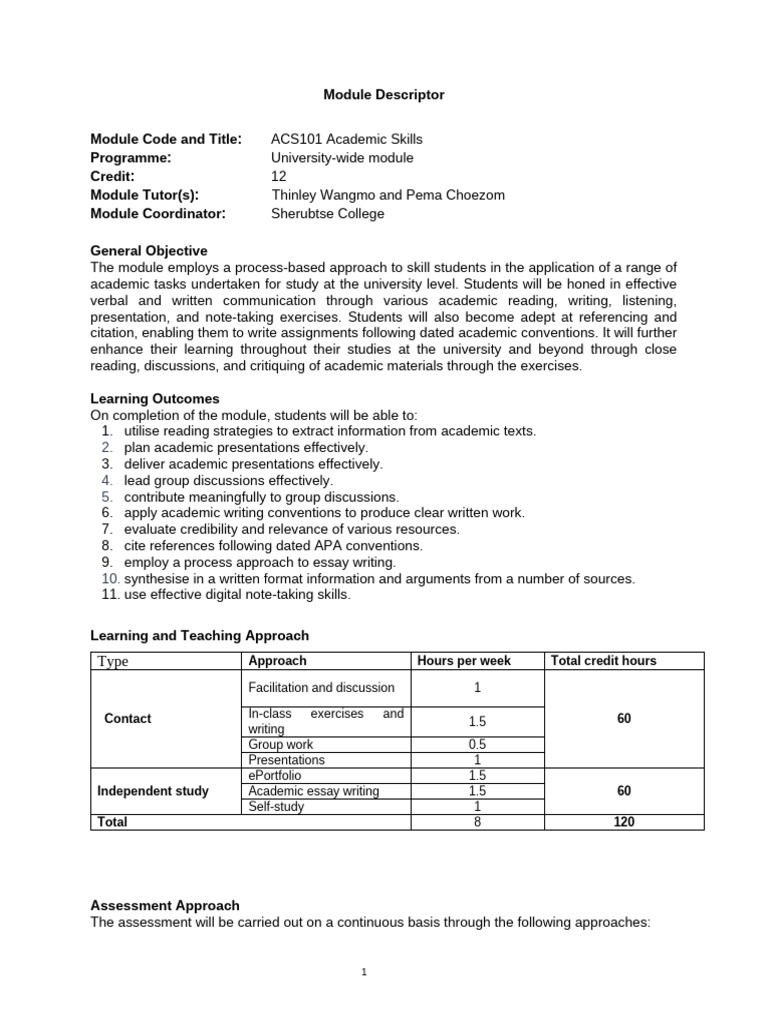 ACS101 Module Descriptor - May 2024 | PDF | Essays | Citation