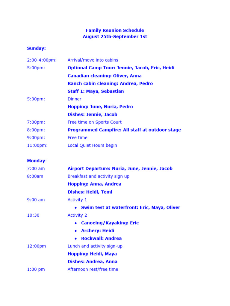 Family Reunion Staff Schedule | PDF | Meal