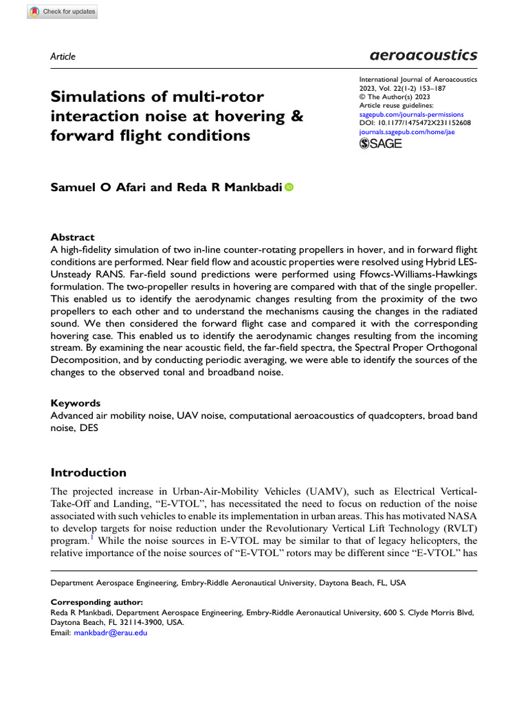 Afari Mankbadi 2023 Simulations of Multi Rotor Interaction Noise at Hovering Forward Flight ...