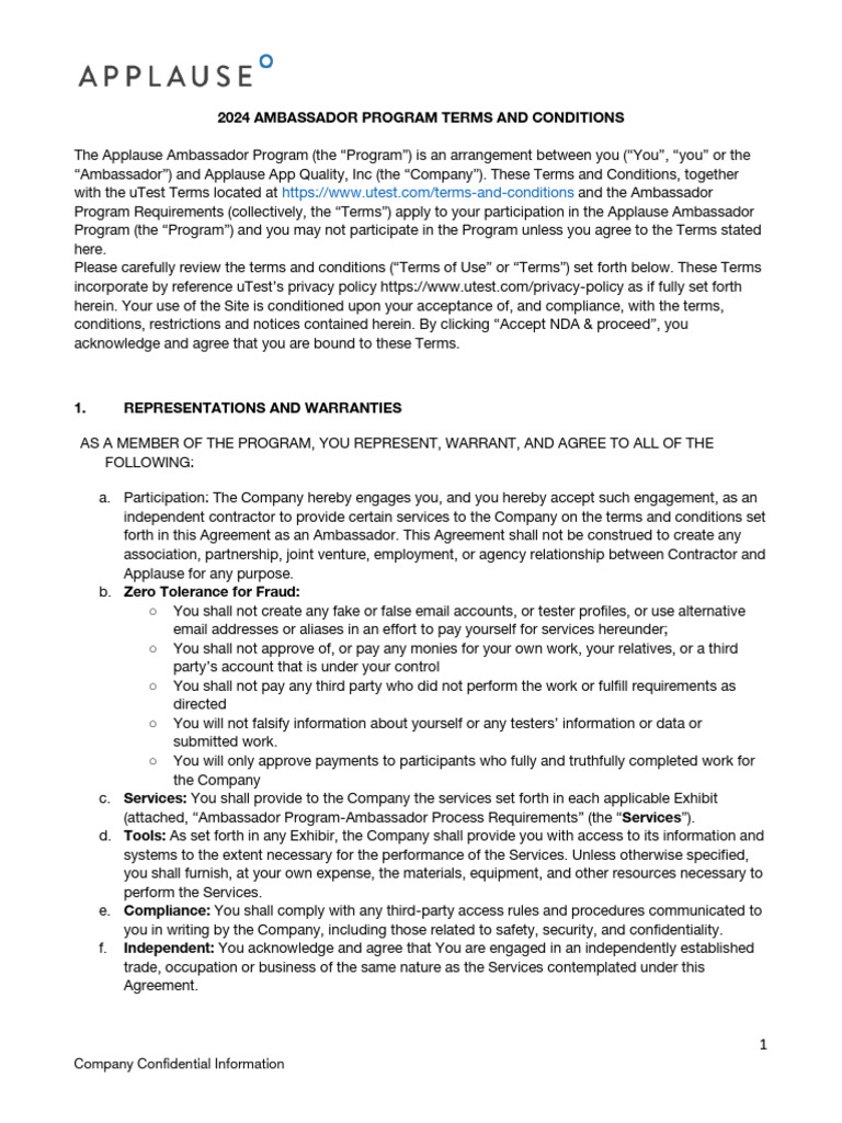 Ambassador Program Terms and Conditions 2024 | PDF | Legal Liability | Payroll Tax