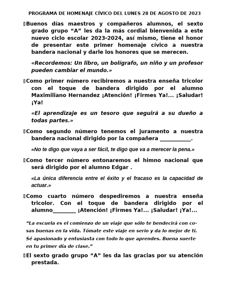 Programa de Homenaje Agosto 2023 | PDF