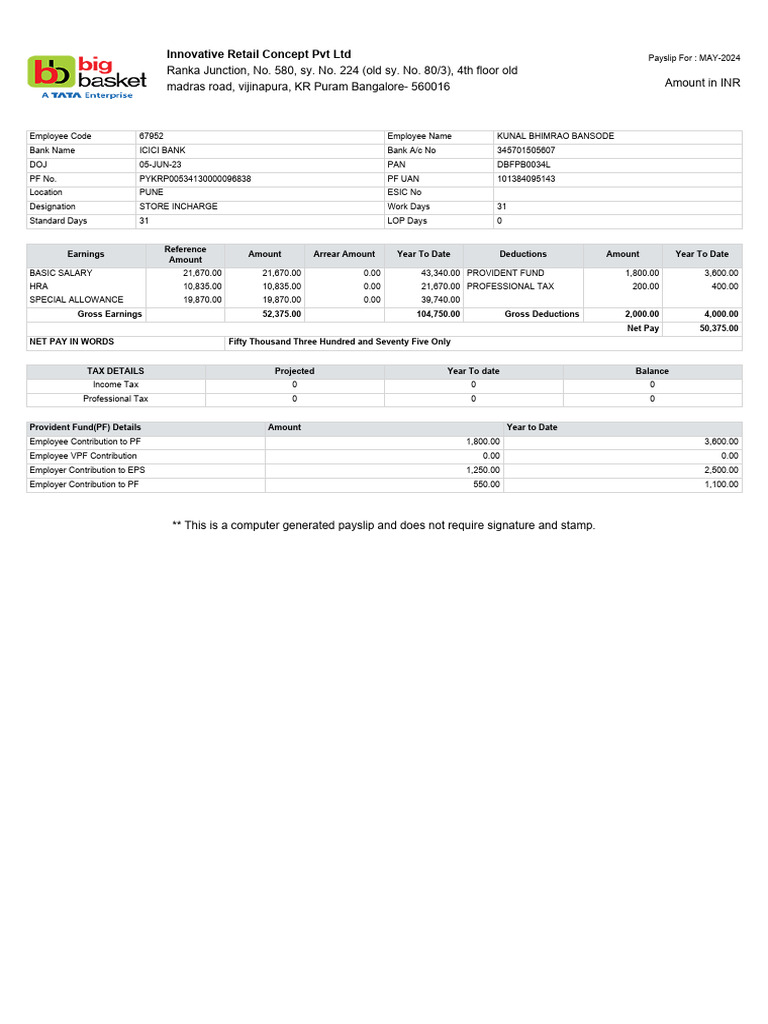 67952_MAY_2024_PAYSLIP | PDF | Payments | Expense