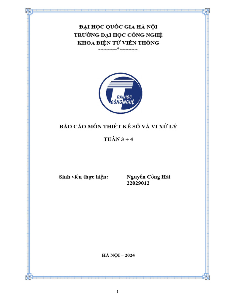 Bao Cao Thiet Ke So Va VI Xu Ly Tuan 3 + 4 - 22029012 | PDF