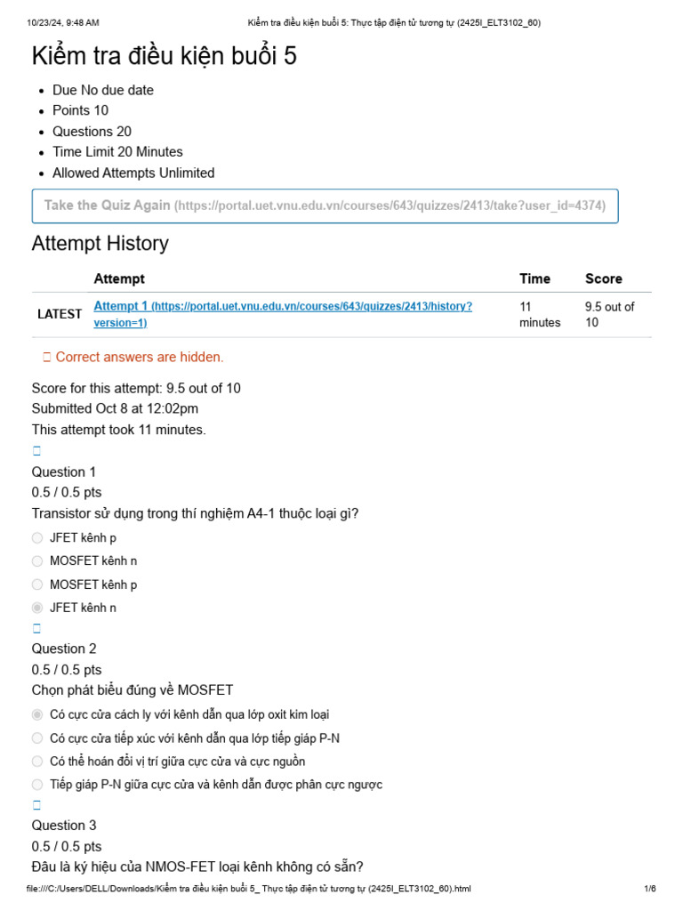 Kiểm Tra Điều Kiện Buổi 5 - Thực Tập Điện Tử Tương Tự (2425I - ELT3102 - 60) | PDF