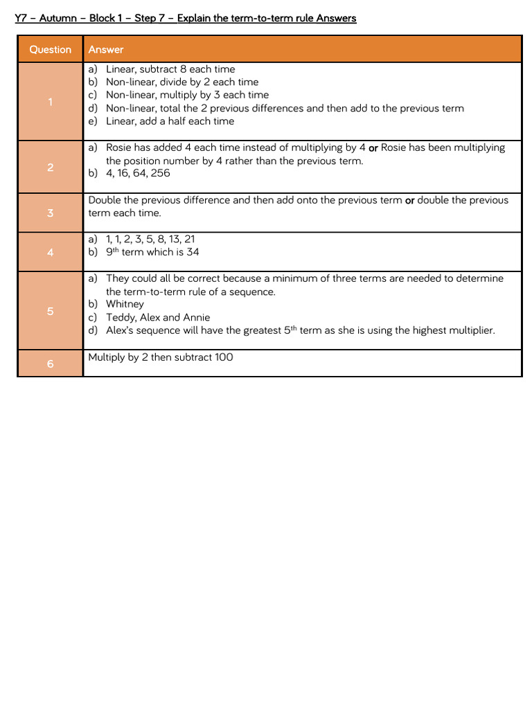 Y7 Autumn Block 1 ANS7 Explain The Term To Term Rule | PDF