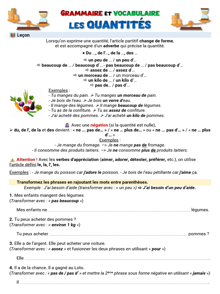 Expressions de quantité en français | PDF | Nourritures