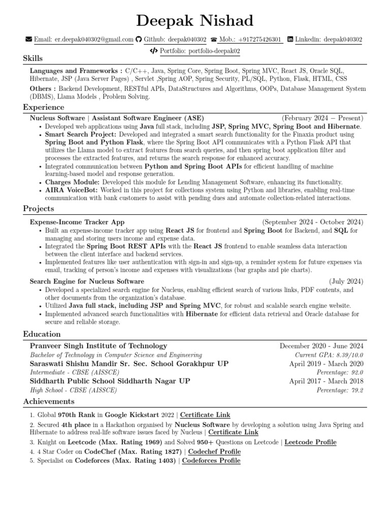 DeepakNishad Resume | PDF | Spring Framework | Databases