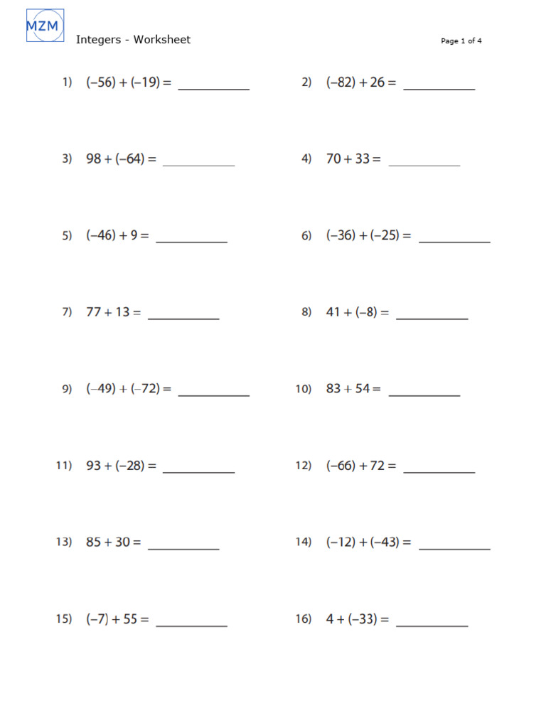Integers Worksheet for Practice | PDF | Home & Garden