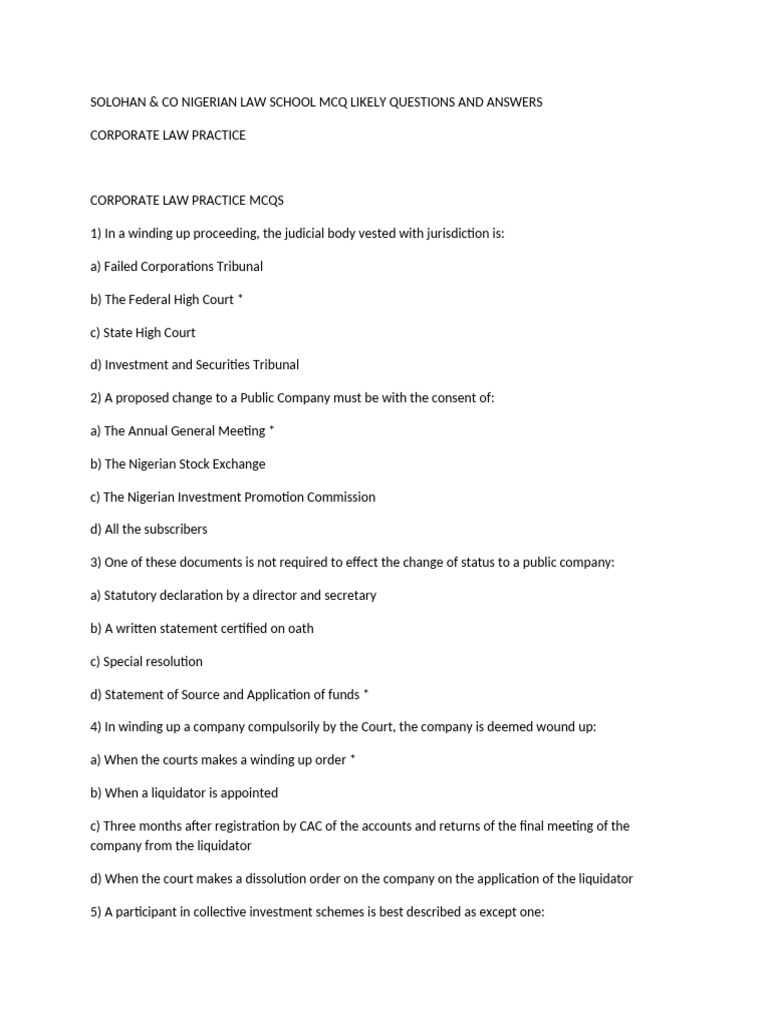 Corporate Law MCQ practice questions | PDF | Liquidation | Judgment (Law)
