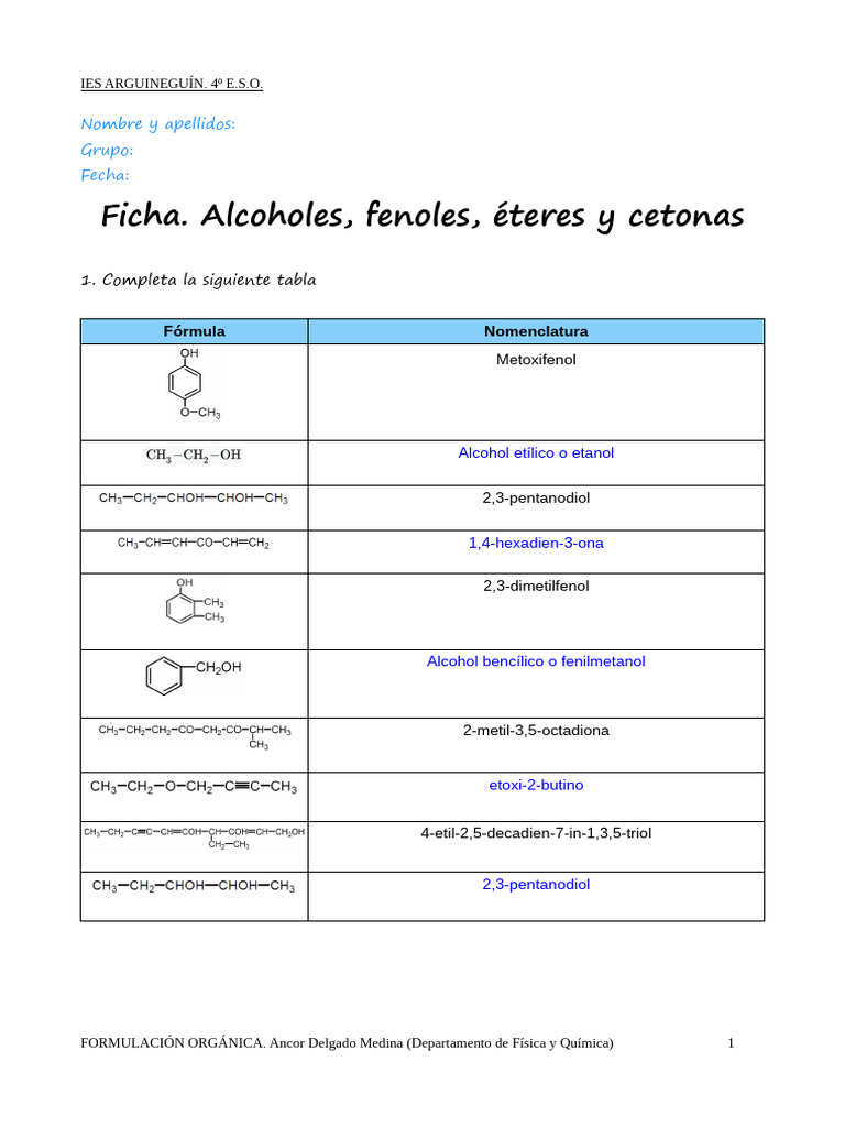 Ficha. Prueba Formulación Orgánica Alcoholes, Fenoles, Éteres y Cetonas Solución | PDF