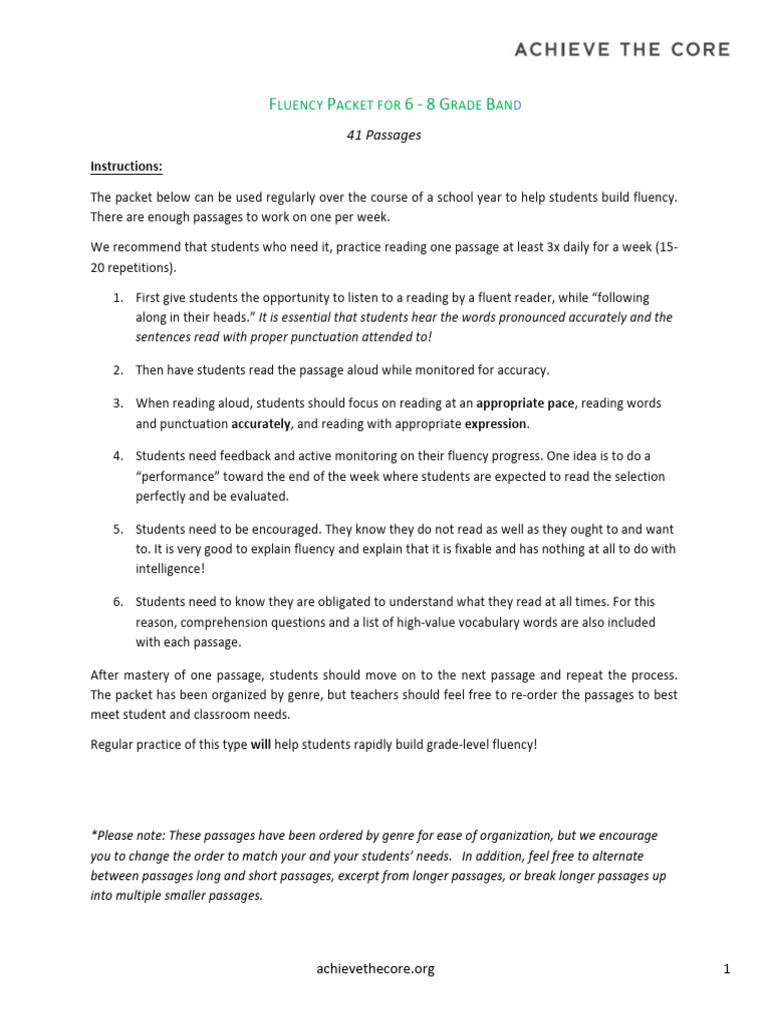 Reading Fluency Passages 6-8 | PDF | Fluency