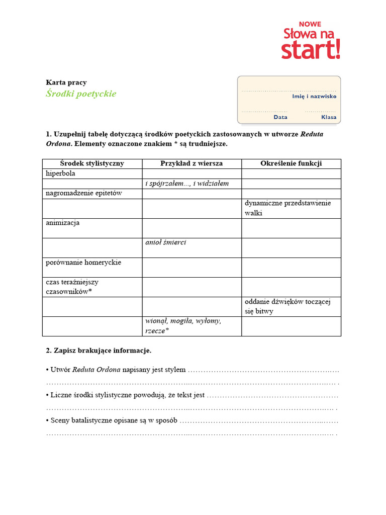 Reduta Ordona Karta Pracy Srodk | PDF