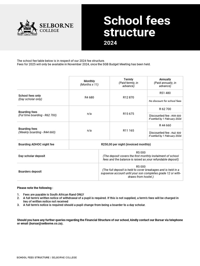 Selborne College - School Fees Structure - 2024 | PDF | Payments ...