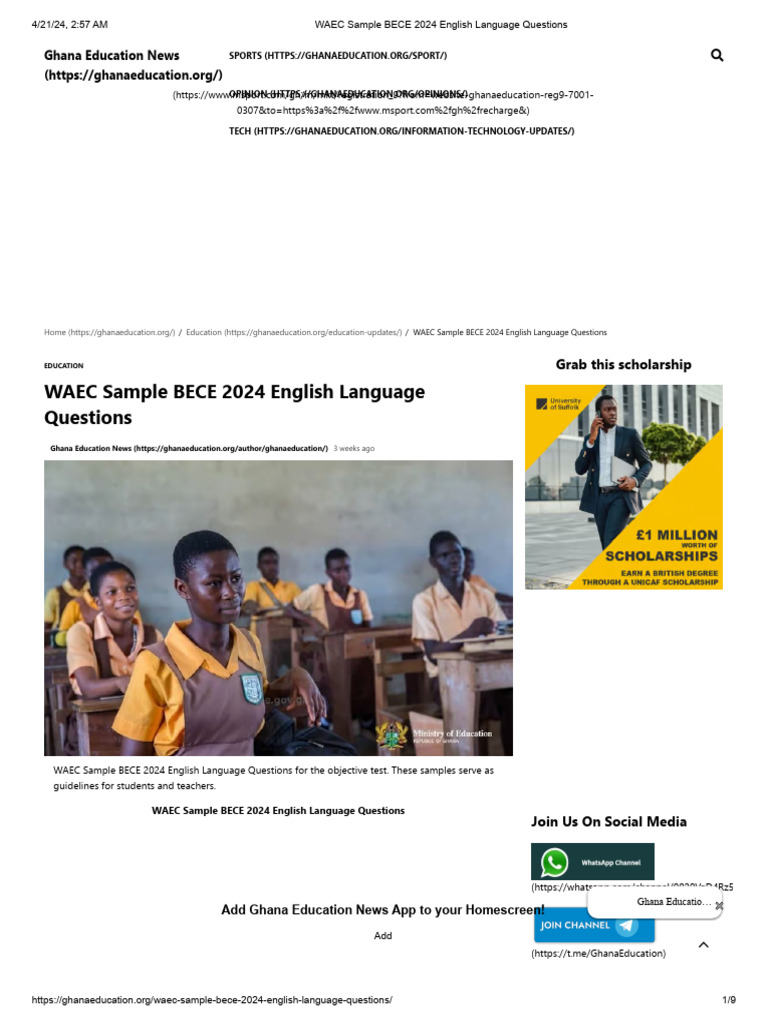 WAEC Sample BECE 2024 English Language Questions | PDF