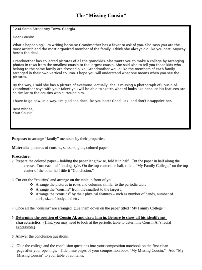 My Missing Cousin Activity | PDF | Periodic Table | Chemical Elements