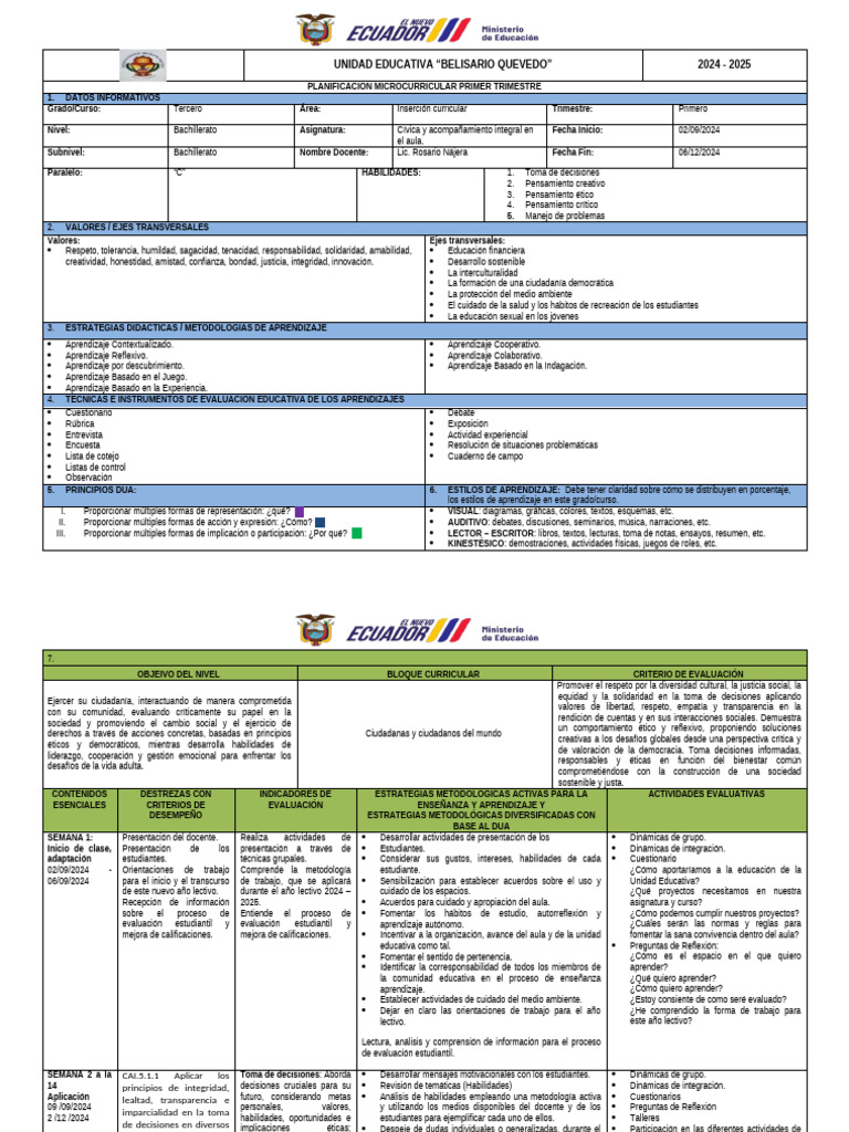 Planificacion Primer Trimestre Cívica y Acompañamiento Integral | PDF | Evaluación | Aprendizaje