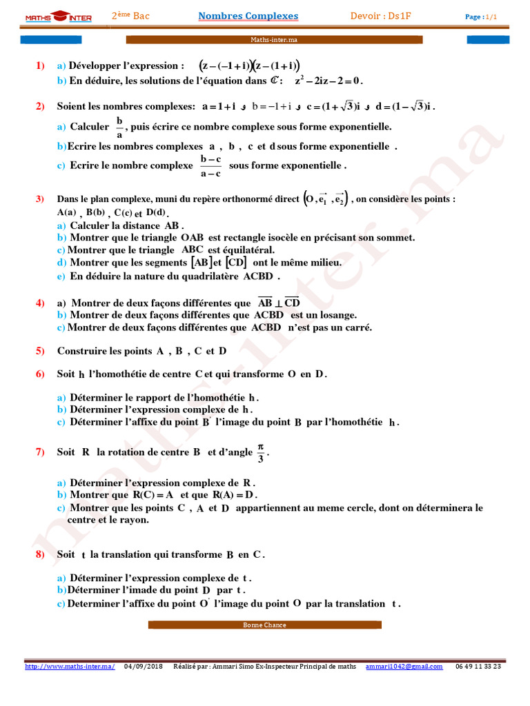 Devoir sur les Nombres Complexes 2ème Bac | PDF | Nombre complexe ...