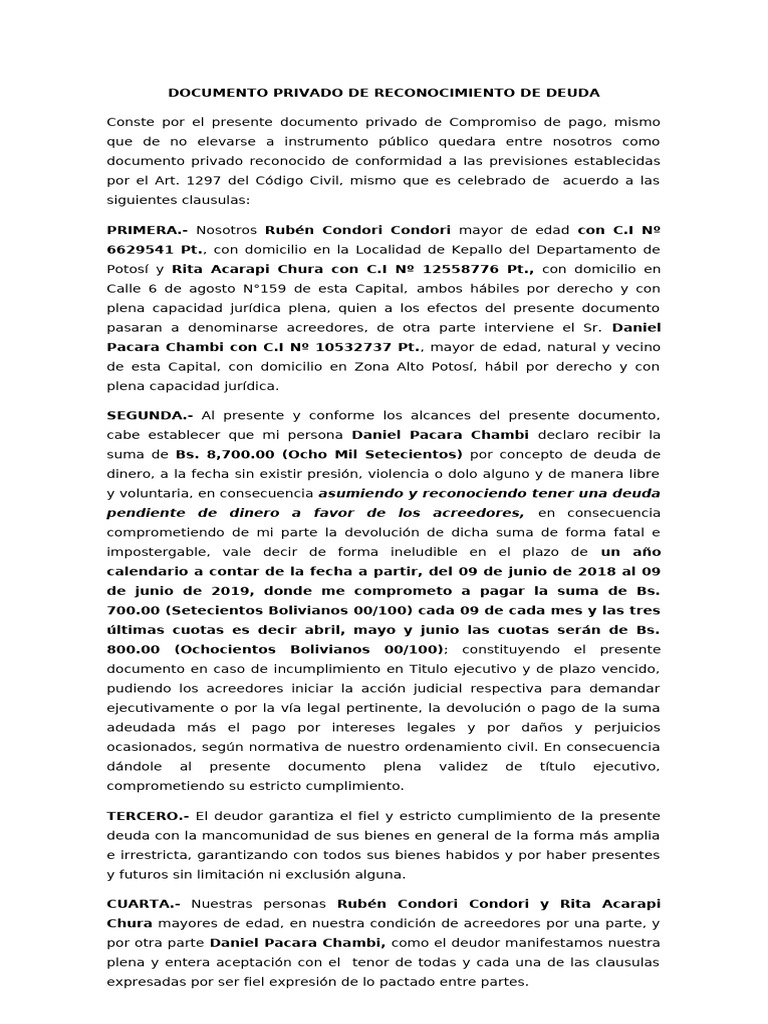 Documento Privado de Reconocimiento de Deuda | PDF | Pagos | Justicia