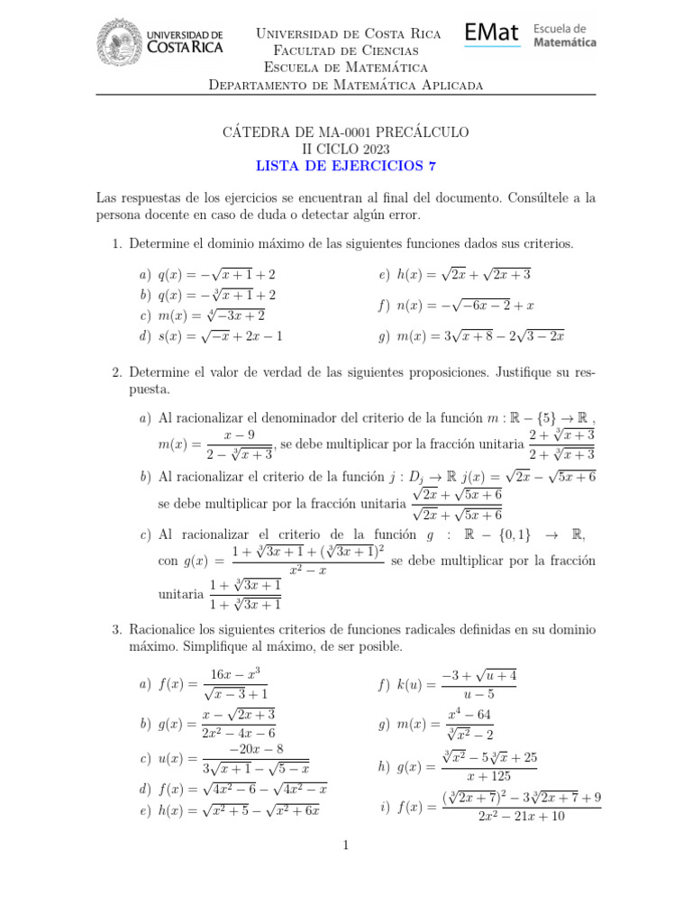 Lista de Ejercicios 7 Función Radical | PDF | Matemática Elemental | Análisis matemático