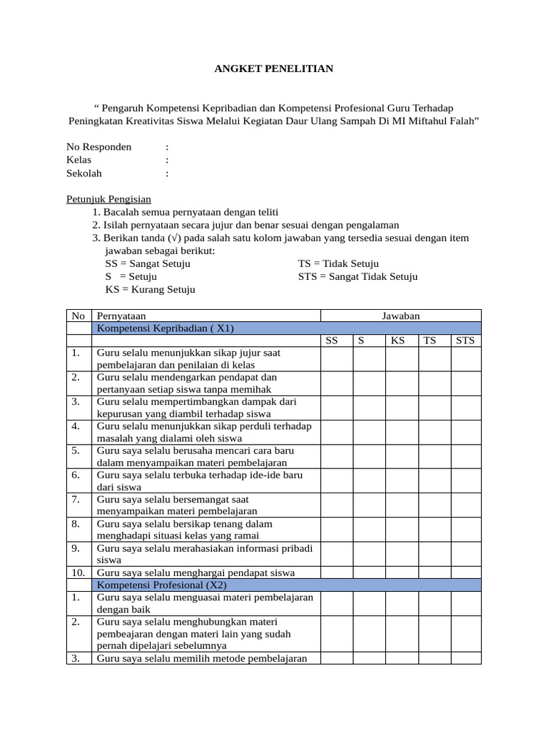 Lembar Angket, Lembar Observasi, Dan Lembar Wawancara Skripsi | PDF ...