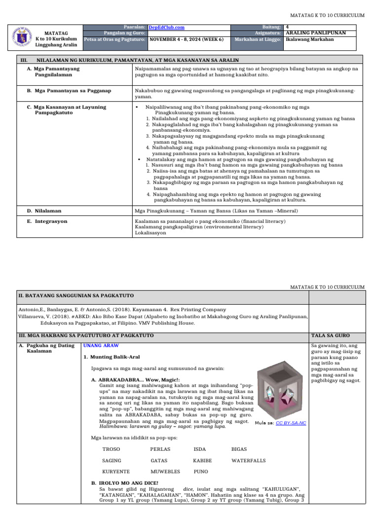 DLL Matatag - Araling Panlipunan 4 Q2 W6 | PDF