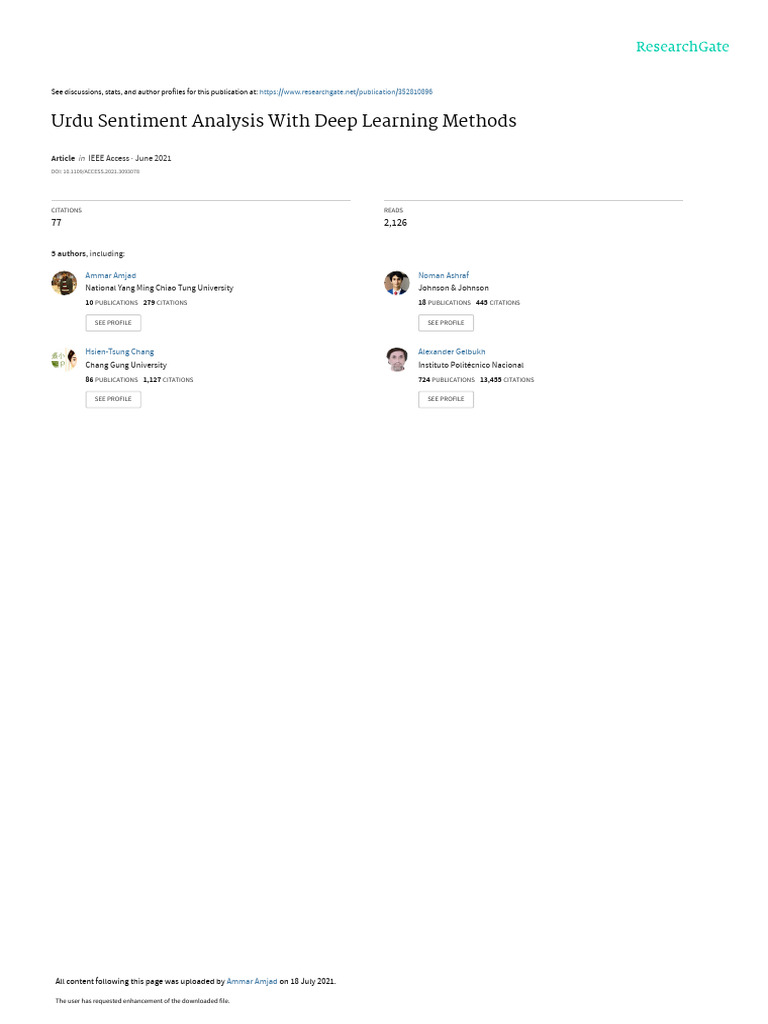Urdu Sentiment Analysis With Deep Learning Methods | PDF | Deep Learning | Artificial Neural Network