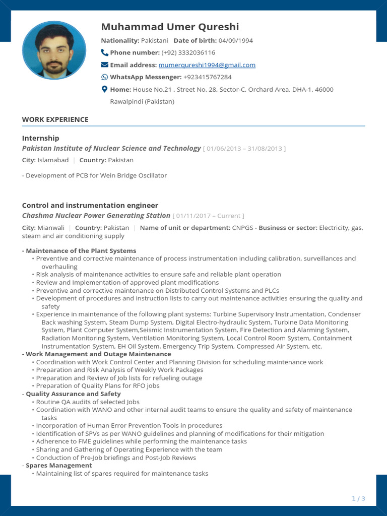 Muhammad Umer Qureshi: Work Experience Internship | PDF | Instrumentation