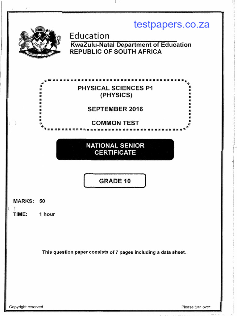 PHY-P1-Sep-QP & Memo-2016-Gr10 | PDF