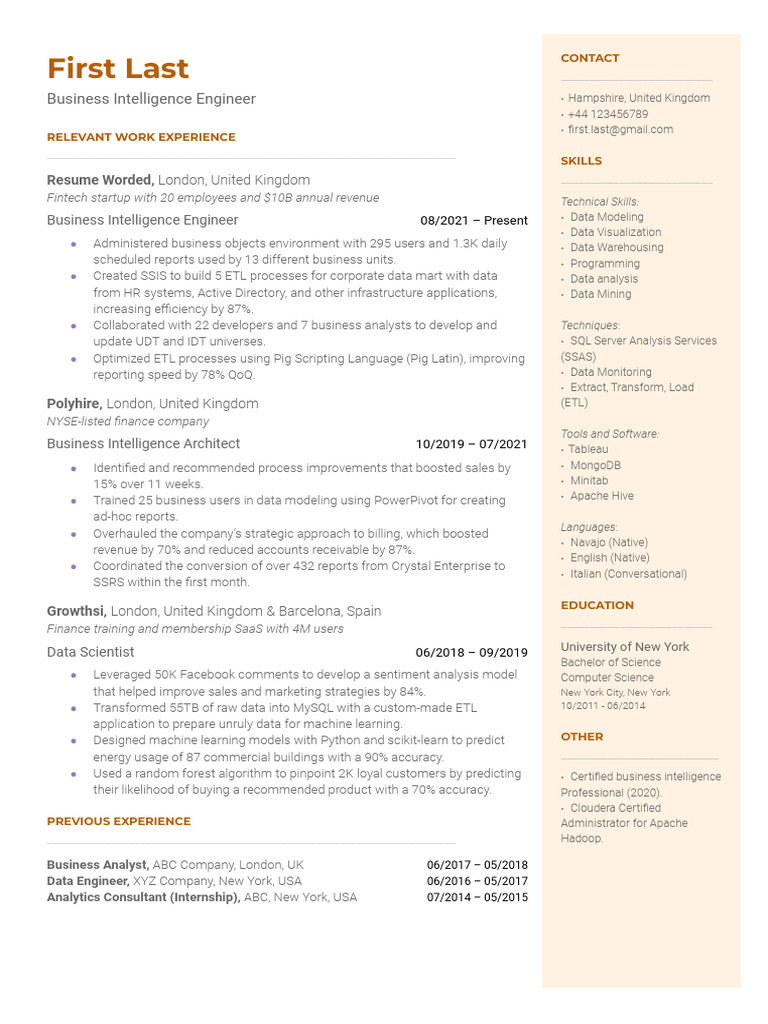 Business Intelligence Engineer Template 15 | PDF | Data Analysis | Information Science