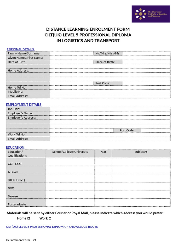 CILT (UK) Level 5 Enrolment Form - V1 | PDF | Logistics | Debit Card