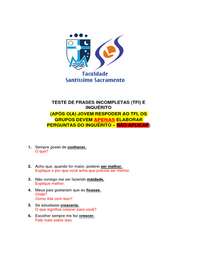 MODELO DE INQUÉRITO TFI (Teste de Frases Incompletas) | PDF