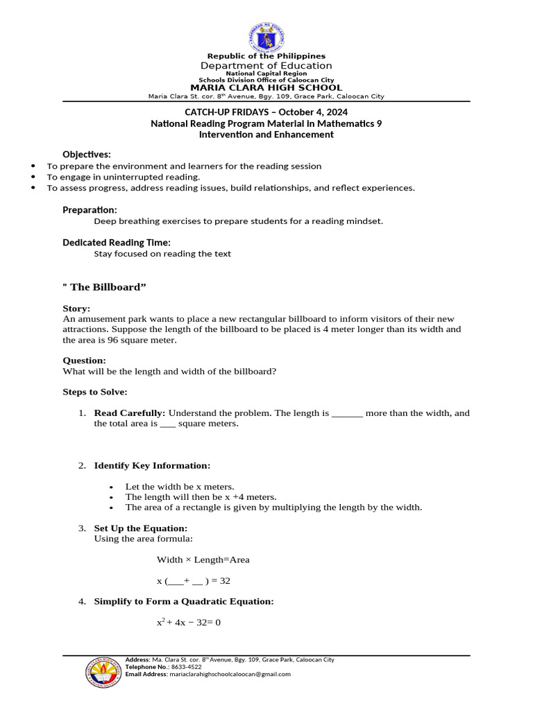 DEAR Catch Up Friday October 4 2024 Mathematics 9 | PDF | Area | Length