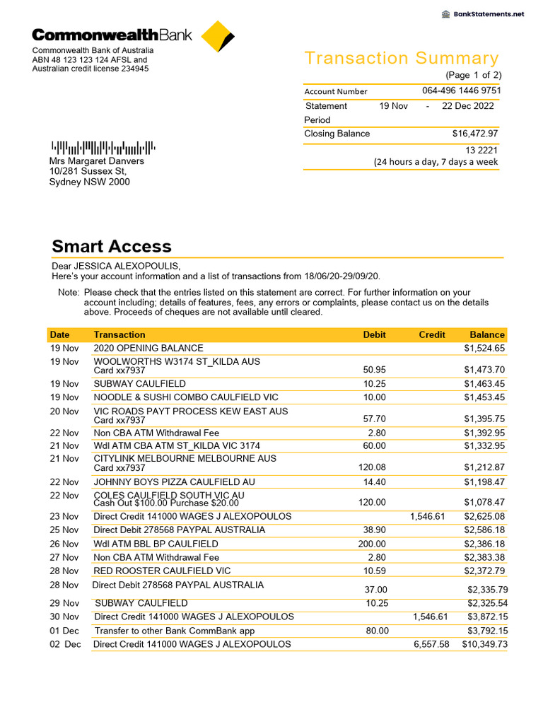 Commonwealth Bank Statement Overview | PDF | Debit Card | Credit Card