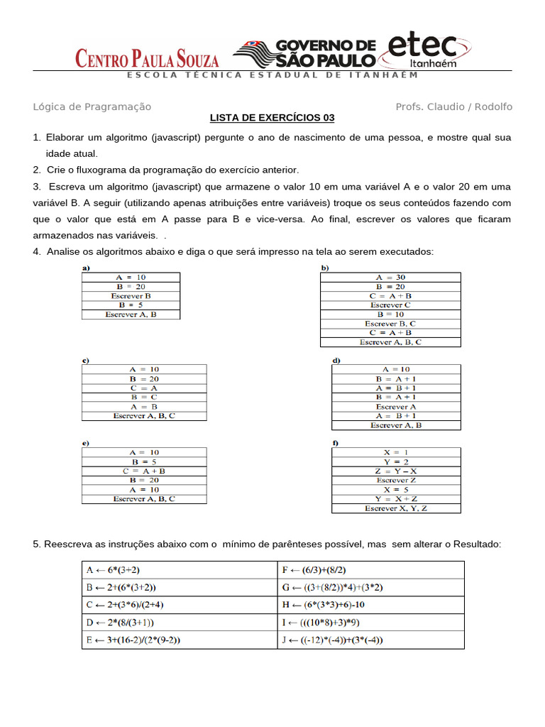 Lista de Exercicios 03 | PDF | Algoritmos | Rio