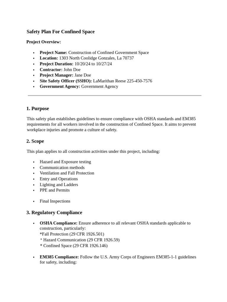Confined Space Safety Plan Template | PDF | Personal Protective ...