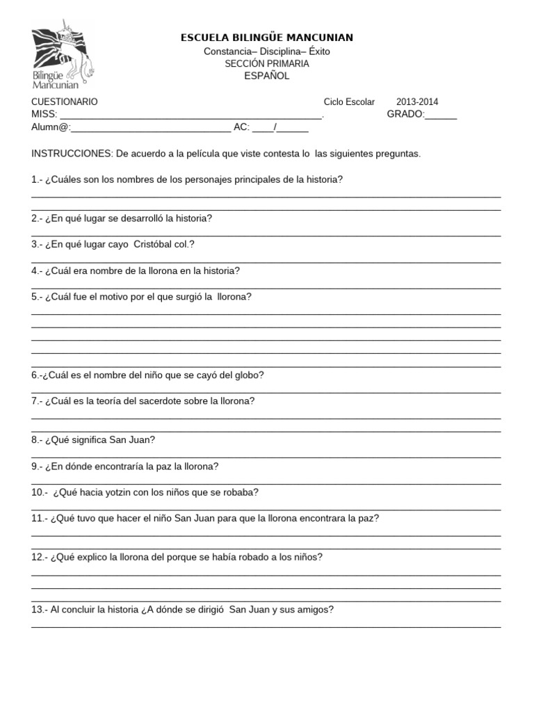 Cuestionario sobre La Llorona para Niños | PDF