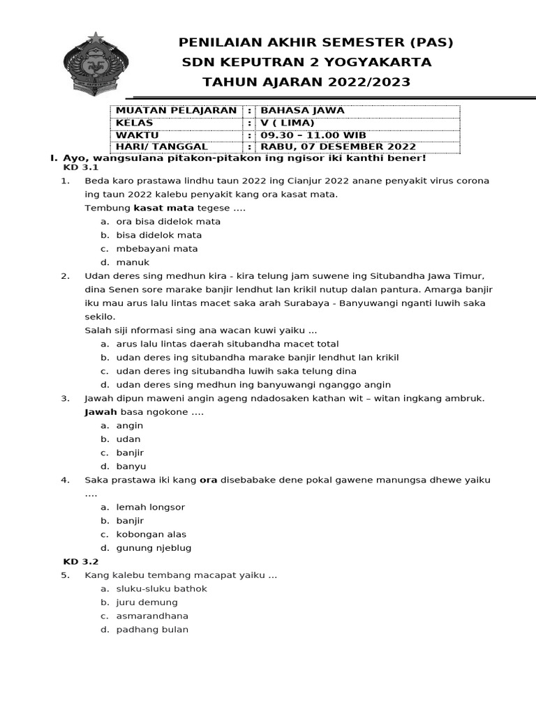 PAS BAHASA JAWA KELAS 5 | PDF