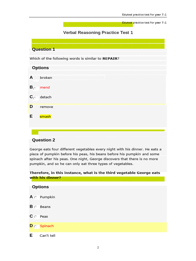 Year 7 Edutest Practice Test 1 | PDF | Tea | Drink