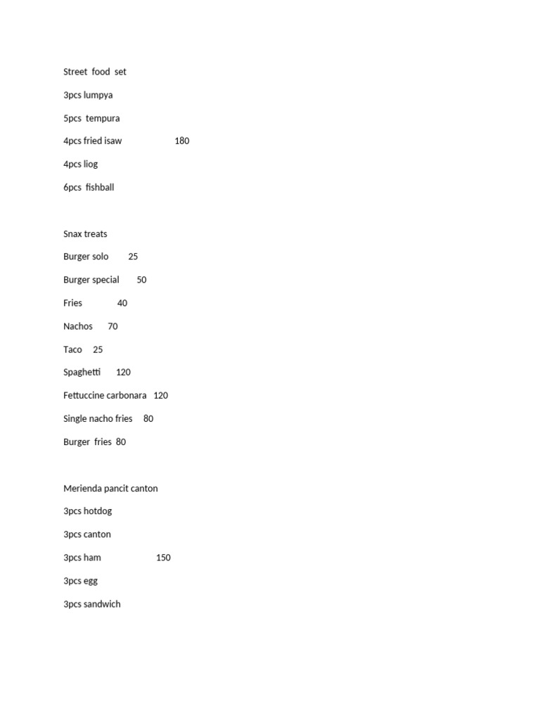 Street Food & Snacks Menu | PDF