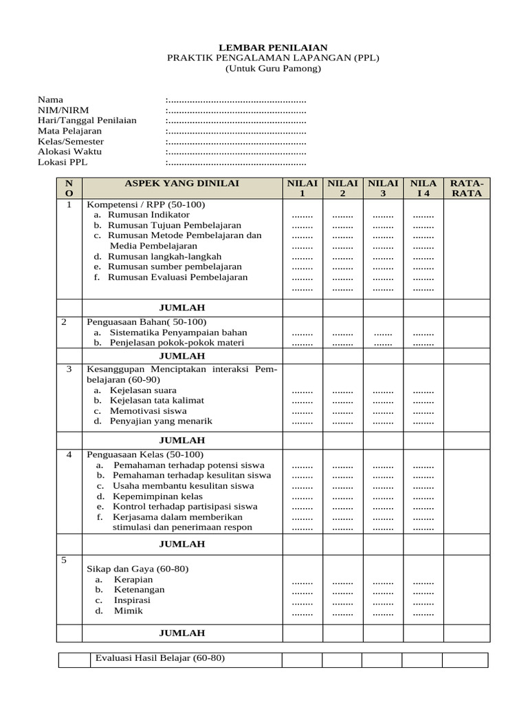 Penilaian PPL 2024 Guru Pamong | PDF